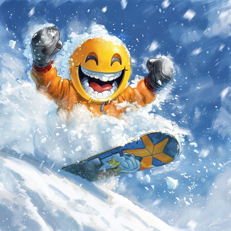 Smiley Face Jumping on Snowboard in the Snow Stock Illustration ...