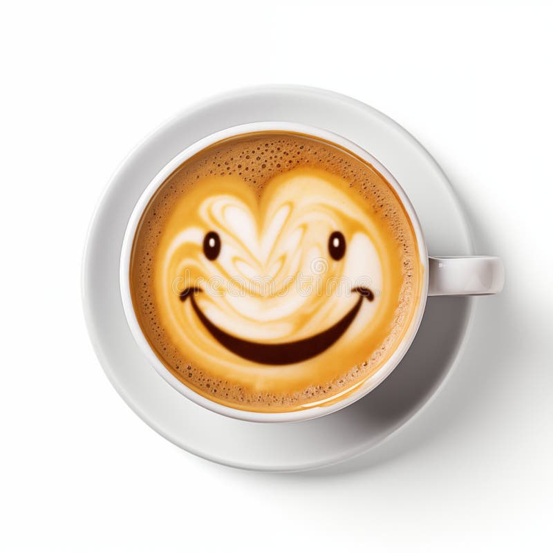Smiley Face Latte Art in White Coffee Cup on Saucer Top View Stock ...