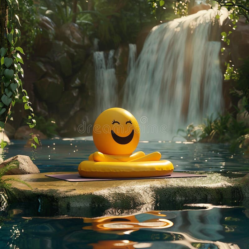 Smiley Face Meditating by a Waterfall on a Yoga Mat Stock Illustration ...