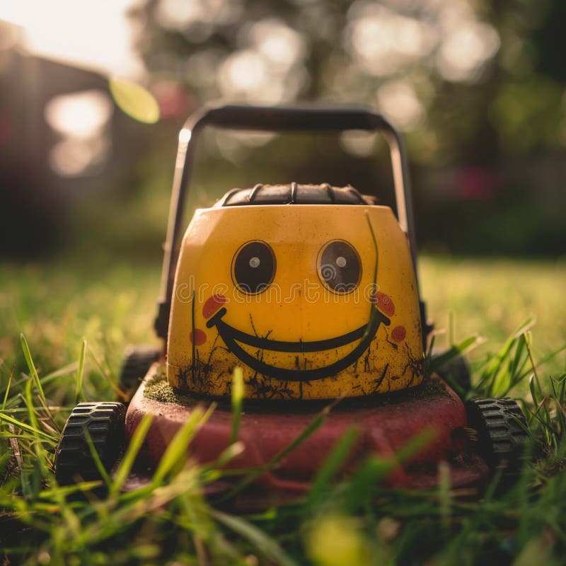 Smiley face mowing grass stock illustration. Illustration of lawn ...