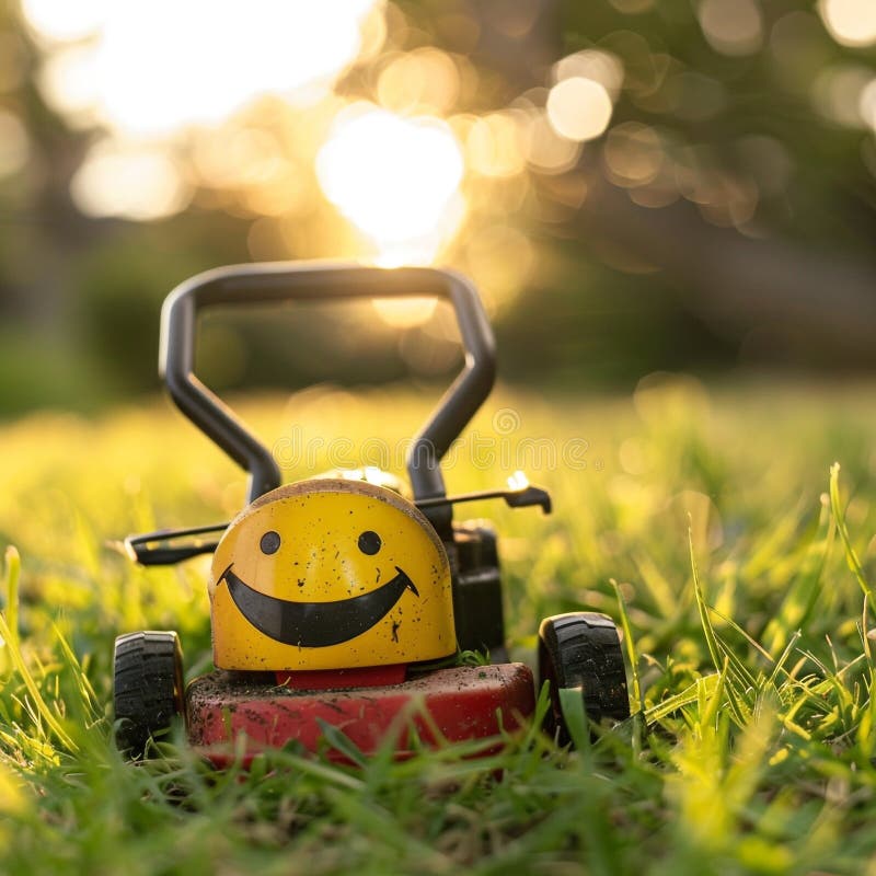 Smiley Face Mowing Grass with a Lawnmower Stock Illustration ...