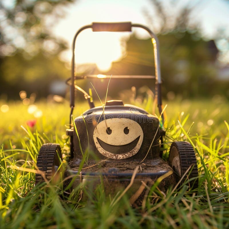 Smiley Face Mowing Grass with a Lawnmower Stock Illustration ...