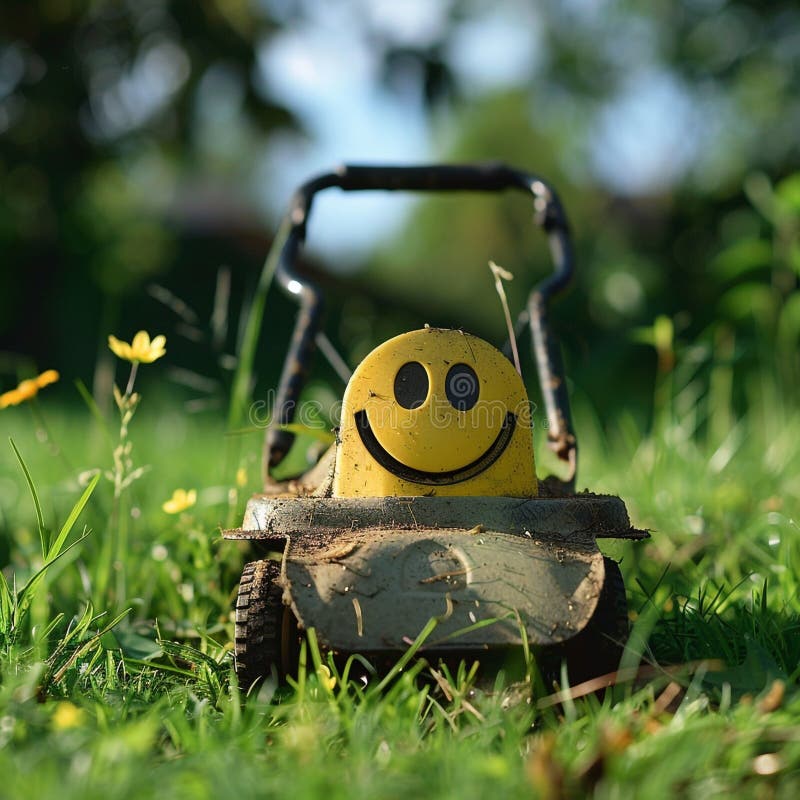 Smiley Face Mowing Grass with a Lawnmower Stock Illustration ...