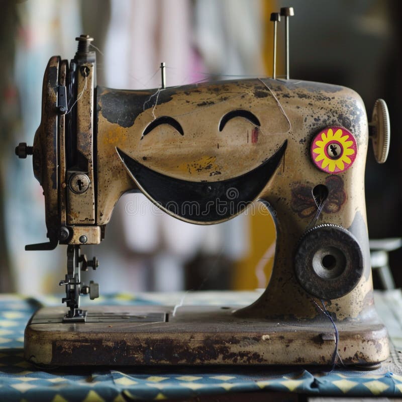 Smiley Face Operating Sewing Machine in a Tailoring Workshop Stock ...