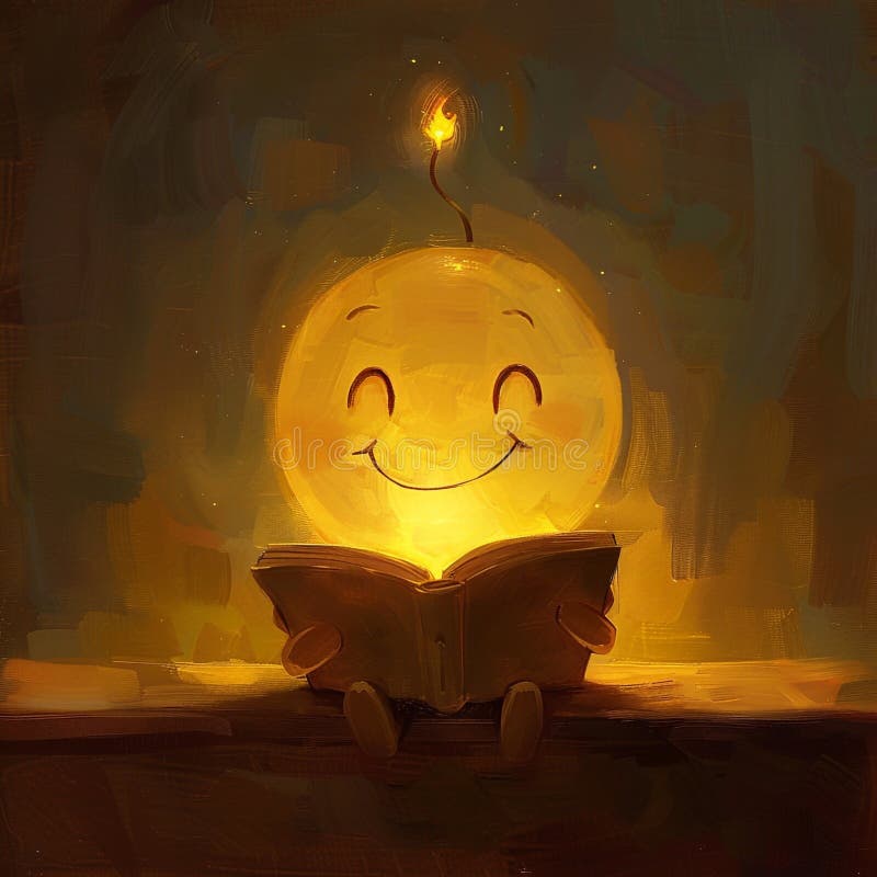 Smiley Face Reading Under a Lamp at Night Stock Illustration ...