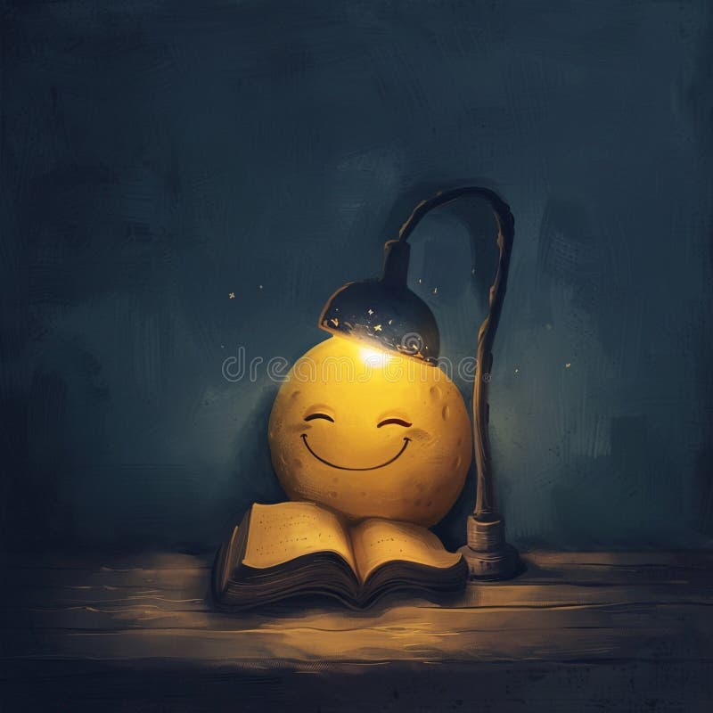 Smiley Face Reading Under a Lamp at Night Stock Illustration ...