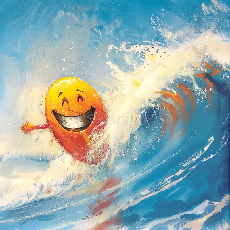 Smiley Face Riding Surfboard on Big Wave Stock Illustration ...