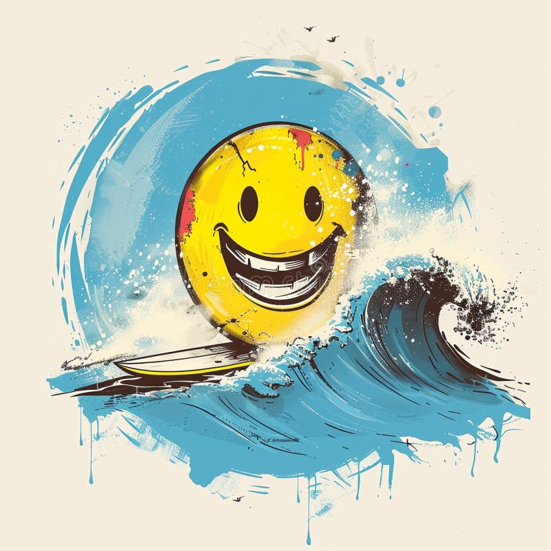 Smiley Face Riding Surfboard on Wave Stock Illustration - Illustration ...