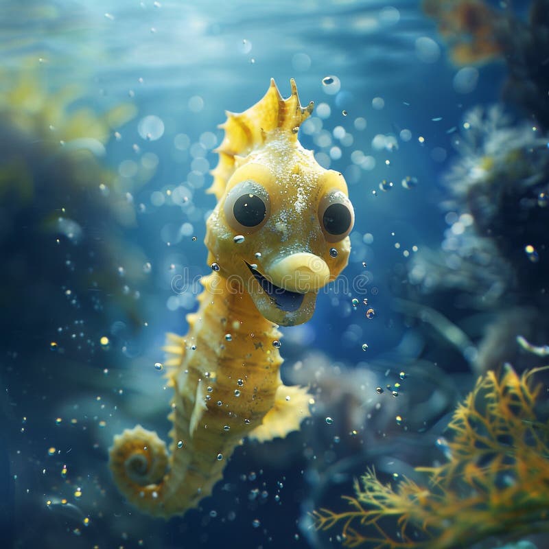 Smiley Face Swimming with Seahorse in Ocean Currents Stock Illustration ...