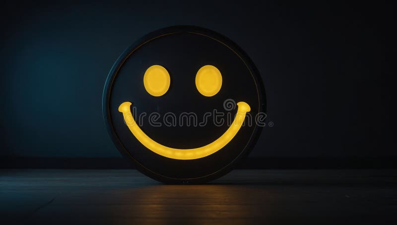 Yellow Smiley Face Symbol Illuminates in a Dark Room Environment Stock ...