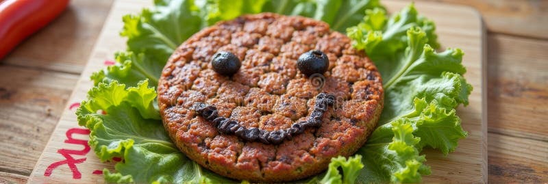 Smiley Face Veggie Burger on Fresh Lettuce with Olives Stock Photo ...