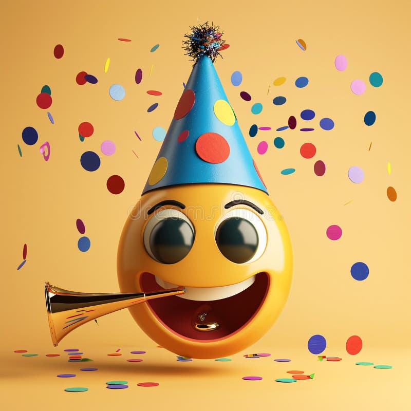 Smiley Face Wearing a Party Hat Blowing a Party Horn with Confetti ...
