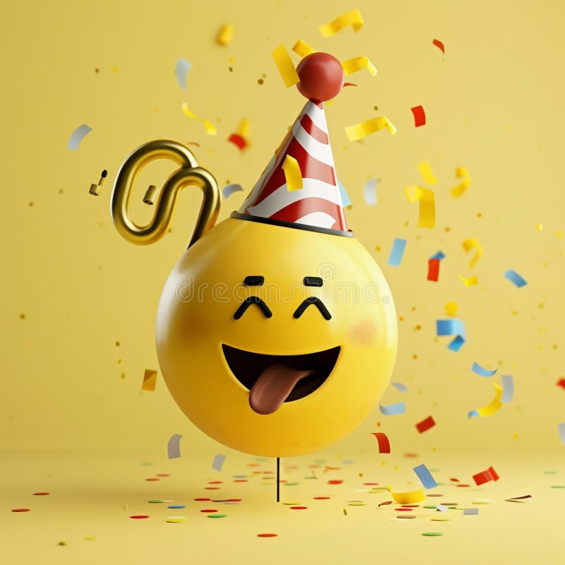 Smiley Face Wearing a Party Hat Blowing a Party Horn with Confetti ...
