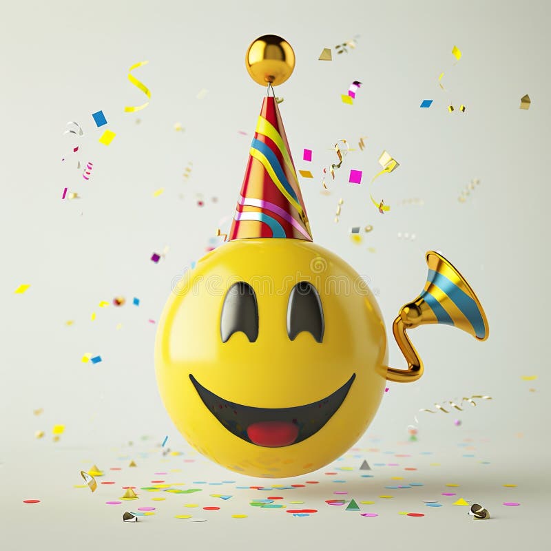 Smiley Face Wearing a Party Hat Blowing a Party Horn with Confetti ...