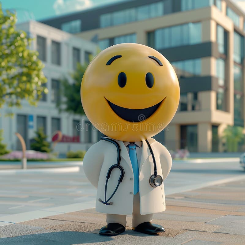 Smiley Face Wearing Stethoscope Stands in Front of Hospital Stock ...