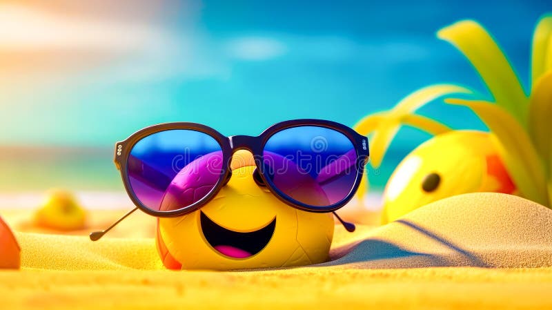 Smiley Face Wearing Sunglasses Laying on Beach with Ball and Sunglasses ...