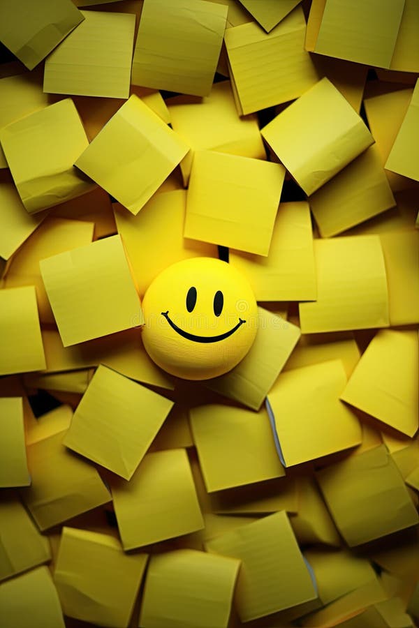 Smiley Face among Yellow Sticky Notes. Flatlay, Top View Image ...