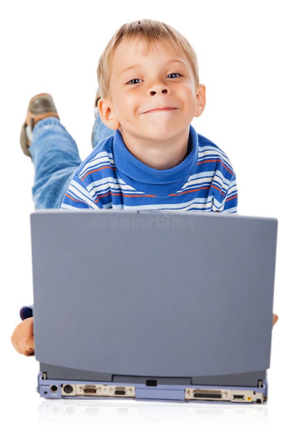 Smiley Five Years Old Boy with Laptop Stock Photo - Image of indoor ...