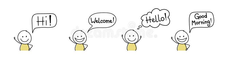 Smiley Hand Drawn Character with Greeting - Welcome, Hello, Hi, Good ...