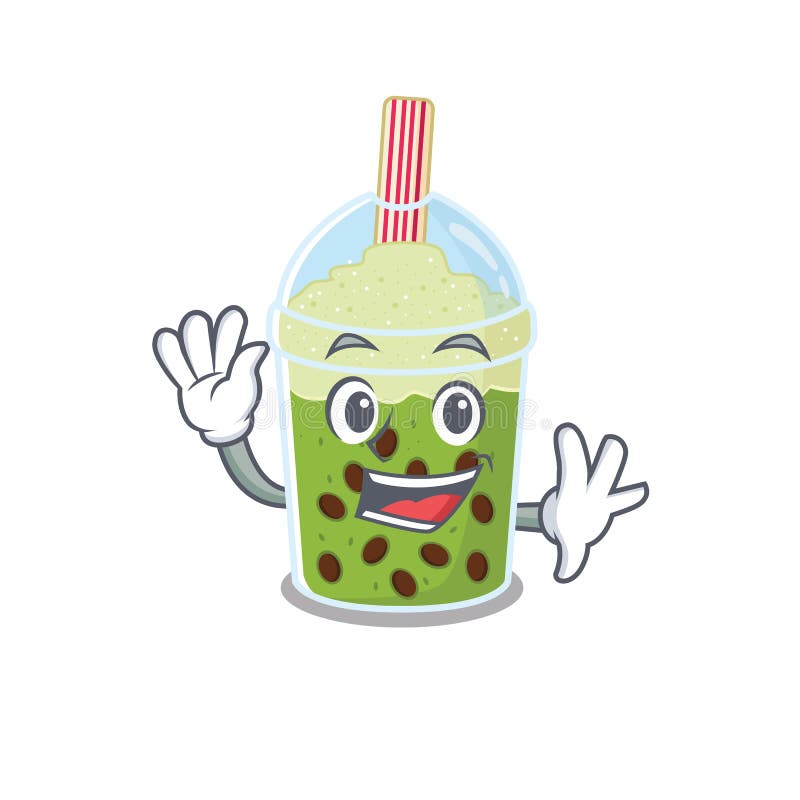 Smiley Matcha Bubble Tea Cartoon Mascot Design with Waving Hand Stock ...