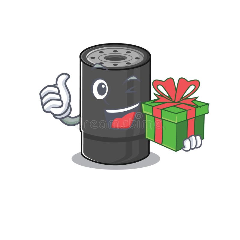 Smiley Oil Filter Character with Gift Box Stock Vector - Illustration ...