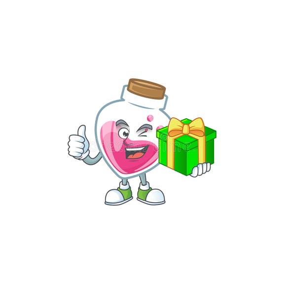 Smiley Pink Potion Character with Gift Box Stock Vector - Illustration ...