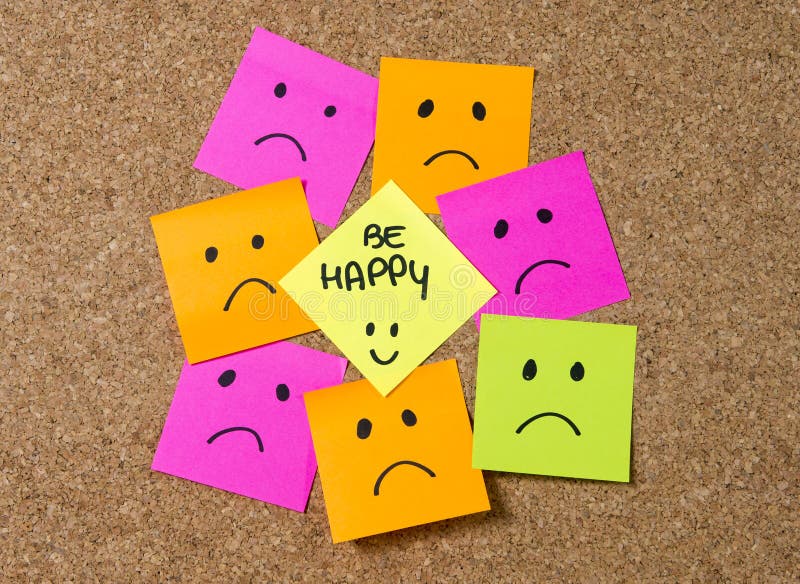 Smiley Post it Note on Corkboard in Happiness Versus Depression Concept ...