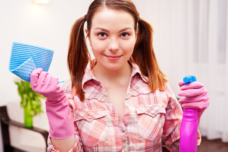 Smiley Woman with Cleansers at Home Stock Photo - Image of hand, person ...