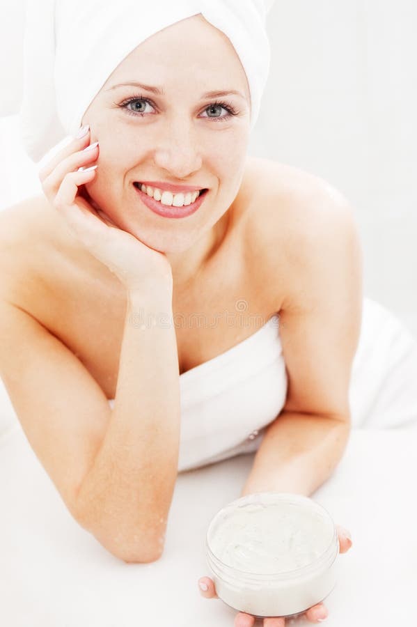 Smiley Woman with Face Cream after Shower Stock Image - Image of beauty ...