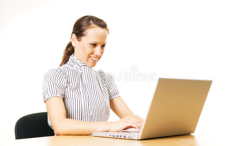 Smiley Woman Working with Computer Stock Photo - Image of employment ...