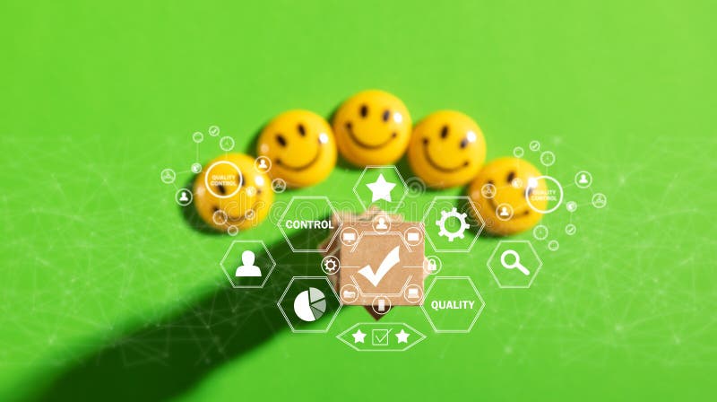 Smileys with a Wooden Cube. Quality Control, Guarantee, Standards Stock ...