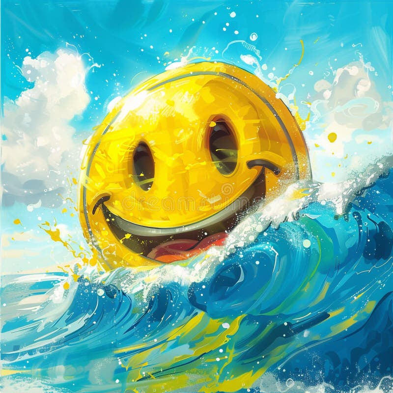 Smilie Face Riding a Surfboard on Waves Stock Illustration ...