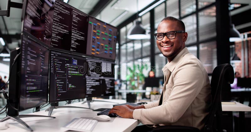 Smiling African-American Man Developing Web Code Stock Photo - Image of chair, monitor: 384466278