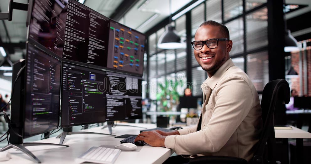 Smiling African-American Man Developing Web Code Stock Photo - Image of ...