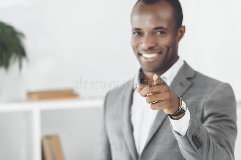 Smiling African American Father Pointing on Something Stock ...