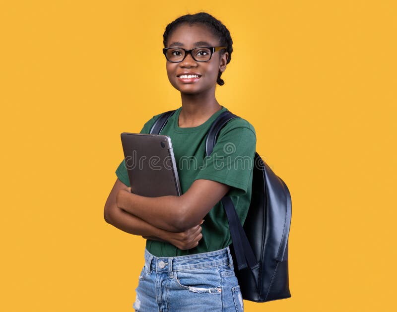 Smiling African Female Student Holding Laptop Posing on Yellow ...