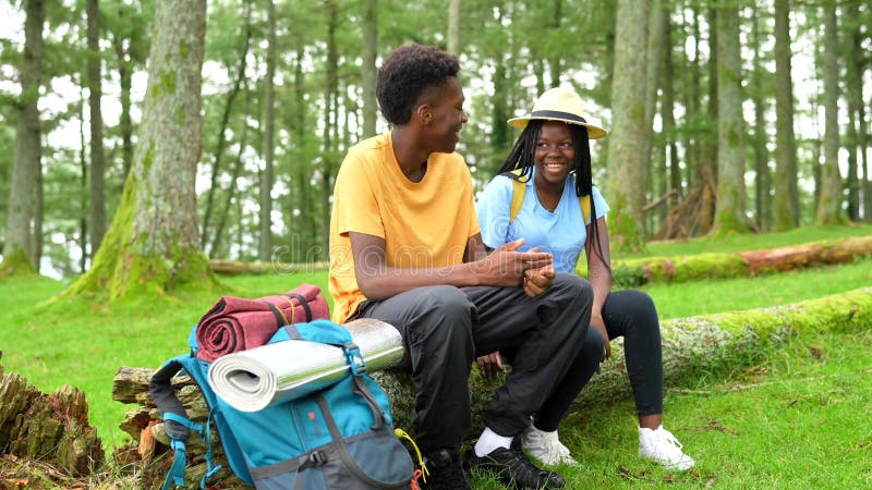 Smiling African Friends Sitting on the Log in the Forest Stock Footage ...