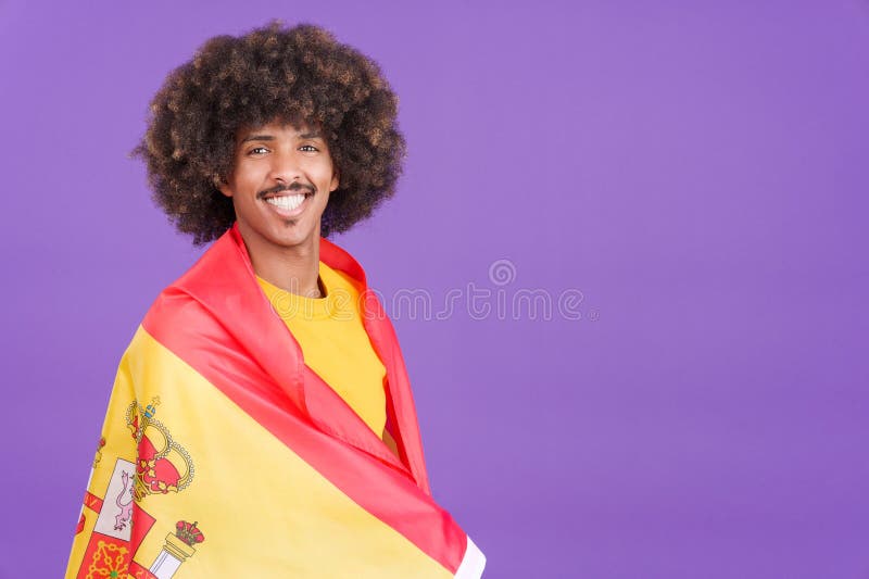 Smiling African Man Wrapping with a Spanish Flag Stock Photo - Image of ...