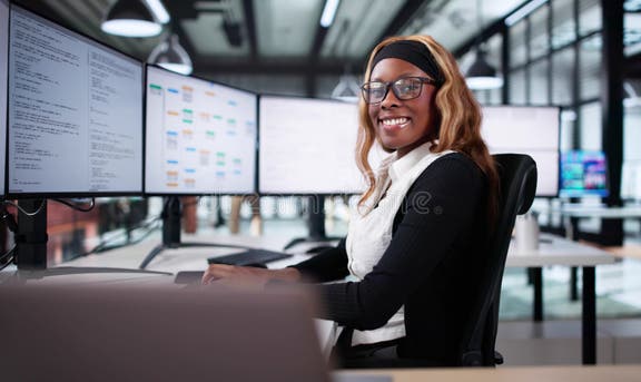 Smiling African Programmer Creating Innovative Code on Computer Stock Photo - Image of portrait ...