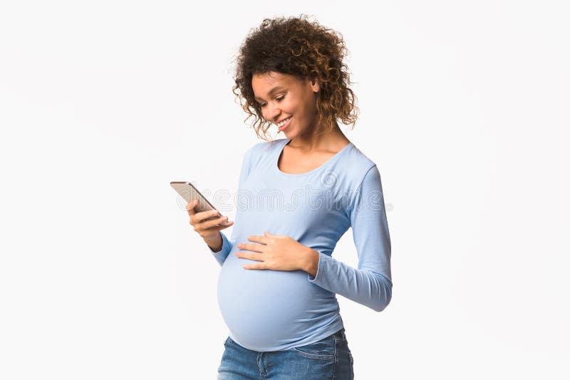 Smiling Afro Pregnant Woman Using Mobile Phone Stock Image Image Of