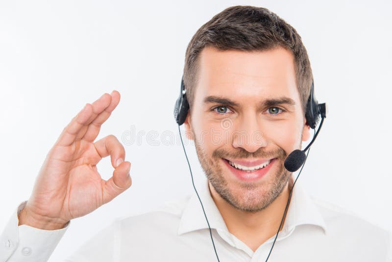 Smiling Agent of Call Centre Gesturing `OK` Stock Photo - Image of ...