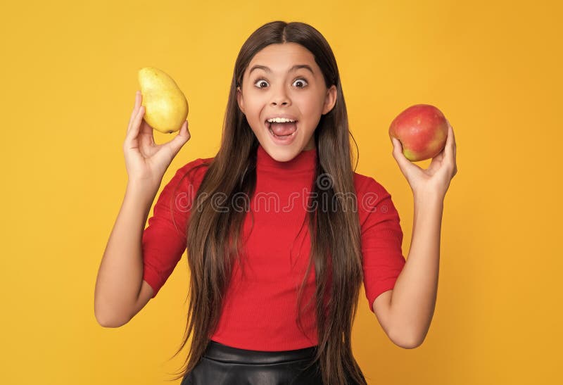 Smiling Amazed Child Fresh Apple Pear Yellow Background Stock Photos ...