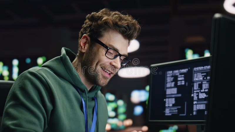 Smiling Analyst Typing Keyboard Desktop Computer in Data Center Room ...