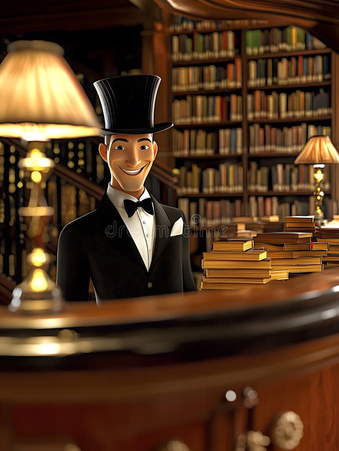 Smiling Animated Concierge in Library Setting Stock Illustration ...