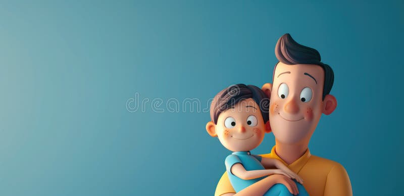 Smiling Animated Father Holding Happy Child Against a Soft Blue ...