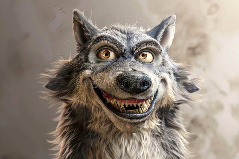 Smiling Animated Wolf Character with Sharp Teeth and Expressive Eyes ...