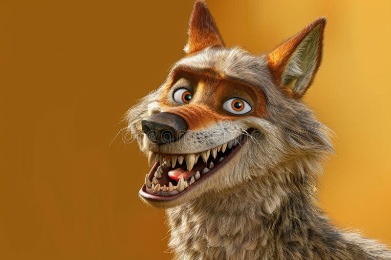 Smiling Animated Wolf Character with Sharp Teeth and Expressive Eyes ...