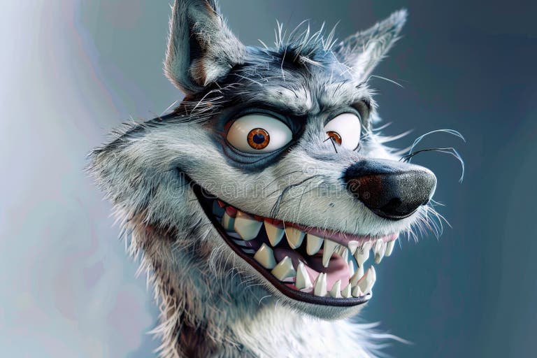 Smiling Animated Wolf Character with Sharp Teeth and Expressive Eyes ...