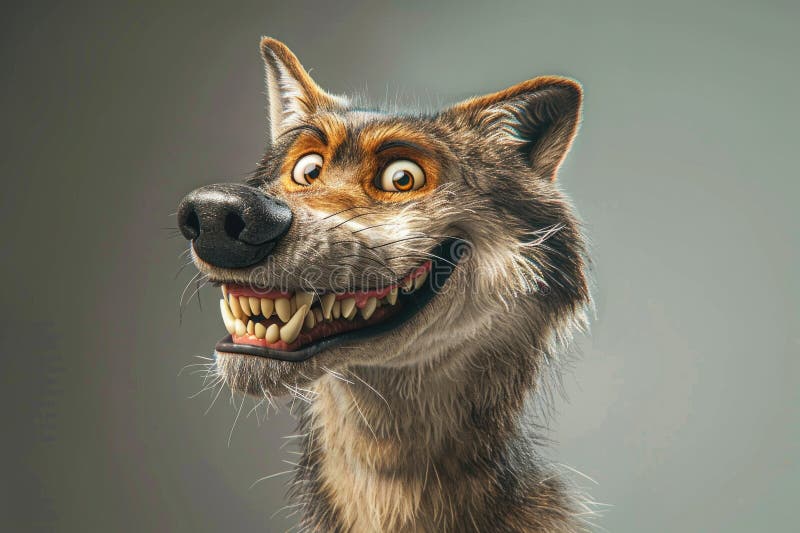Smiling Animated Wolf Character with Sharp Teeth and Expressive Eyes ...