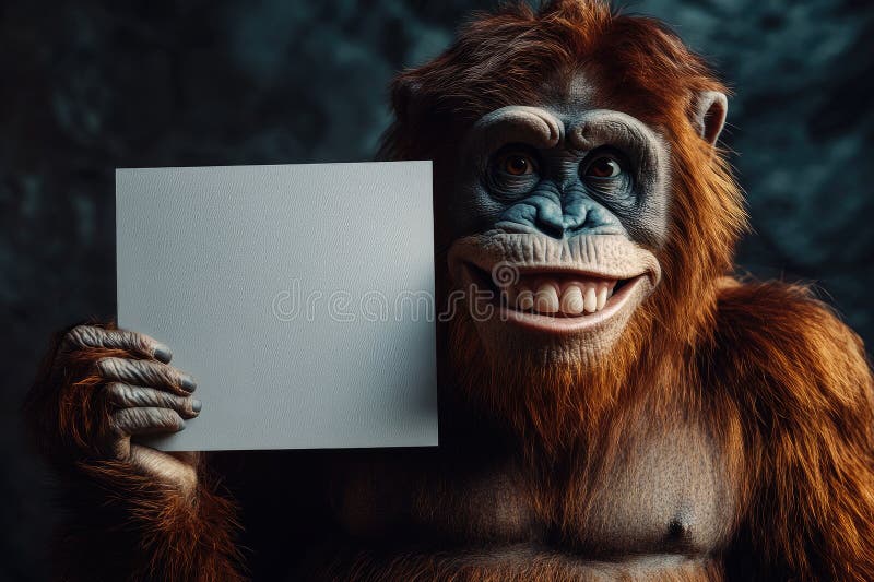 A Smiling Ape Holds a Blank Rectangular Piece of Paper in Its Paws ...
